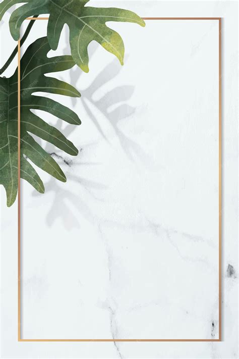 흰색 대리석 배경에 Philodendron Radiatum 잎 패턴이 있는 골드 프레임 무료 벡터