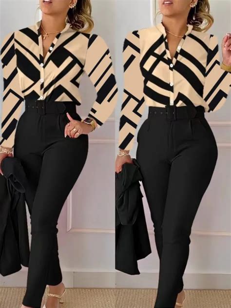 Elegant Women Printed Two Piece Suit Sets Spring Autumn V Neck Long