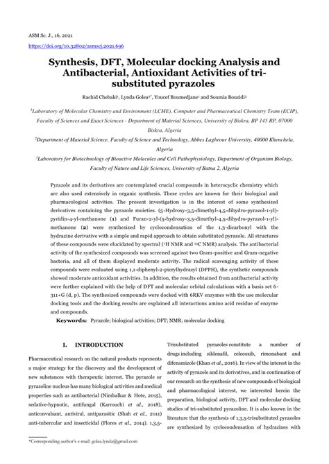 Pdf Synthesis Dft Molecular Docking Analysis And Antibacterial Antioxidant Activities Of