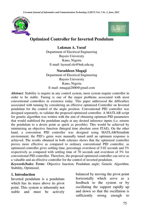 PDF Optimized Controller For Inverted Pendulum