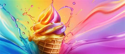Colorful Ice Cream Cone With Vibrant Splash Stock Image Image Of