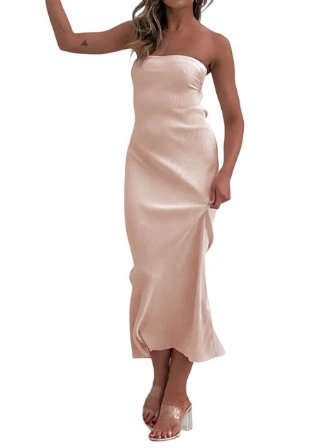 Sunwanar Women Bodycon Tube Tops Dress Strapless Plisse Off Shoulder