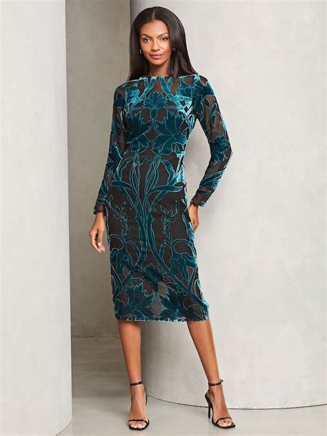 Buy Lipsy Teal Blue Premium Velvet Printed Burnout Long Sleeve Midi