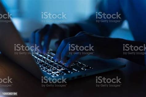 Close Up Programmer Man Hand Typing On Keyboard Laptop For Register