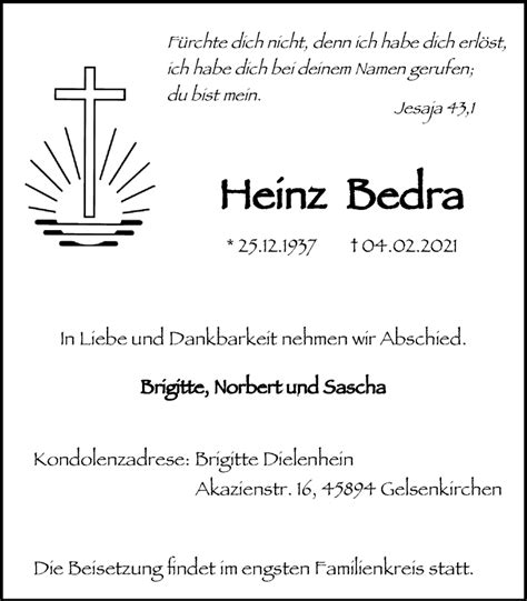 Traueranzeigen Von Heinz Bedra Trauer In Nrwde
