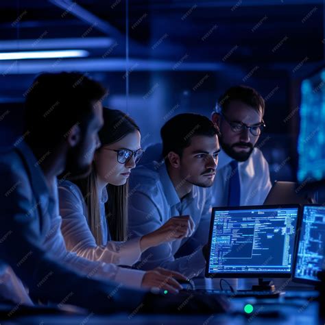 A Team Of It Professionals Working On A Project In A Dimly Lit Office Examining Lines Of Code On