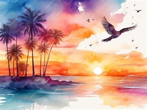 Premium Vector Beach Sunset Landscape Background