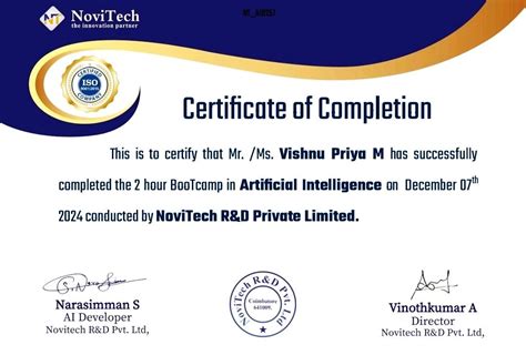 Ai Opencv Novitech Bootcamp Innovation Computervision Opentowork Vishnu Priya M