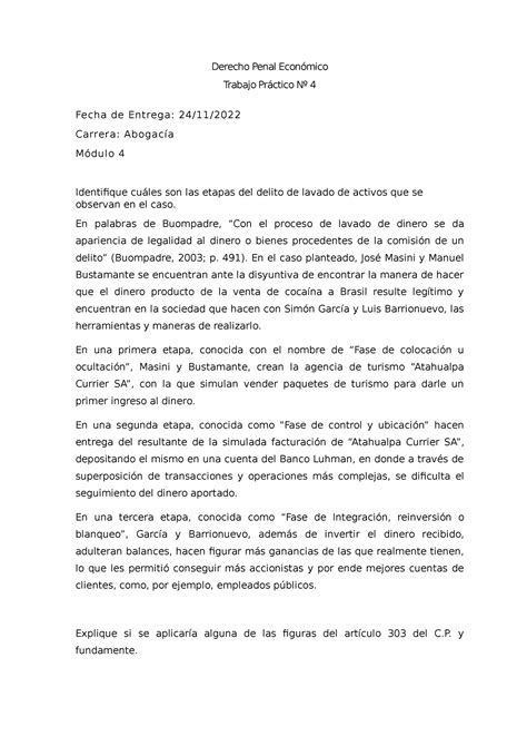 DPE TP 4 Trabajo Práctico nº 4 Derecho Penal Económico Derecho