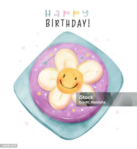 큰 웃는 데이지 꽃이 있는 귀여운 다채로운 파스텔 생일 케이크 인사말 카드 아이디어를 위한 생일 축하 수채화 손 그림 그림