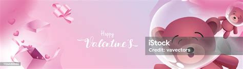 마음 선물의 상자 모양에 귀 엽 고 달콤한 요소에 테 디 베어 우주 비행사로 공간을 핑크 행복 한 여자 어머니의 발렌타인의 날 인사말 배너 디자인에 대 한 사랑의 벡터 기호