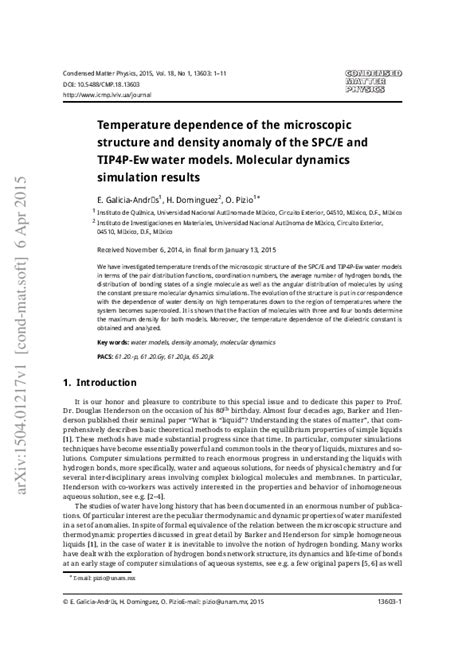 Pdf Temperature Dependence Of The Microscopic Structure And Density Anomaly Of The Spc E And