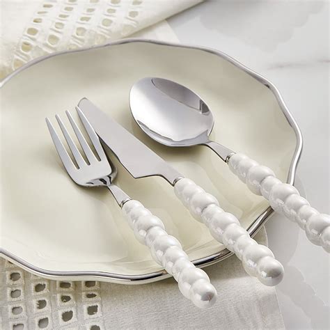 Modern Flatware Set For 4 Ceramic Unique White Pearl 16 Piece Cutlery
