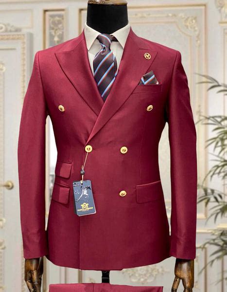 Mens Designer Modern Fit Double Breasted Wool Suit With Gold Buttons I