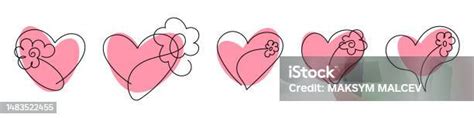 한 줄에 꽃이 그려진 귀여운 하트 사랑 보살핌 행복의 상징 웹 디자인과 엽서에 대한 마음 흰색 배경에 분리된 벡터 그림입니다 공휴일에 대한 스톡 벡터 아트 및 기타 이미지