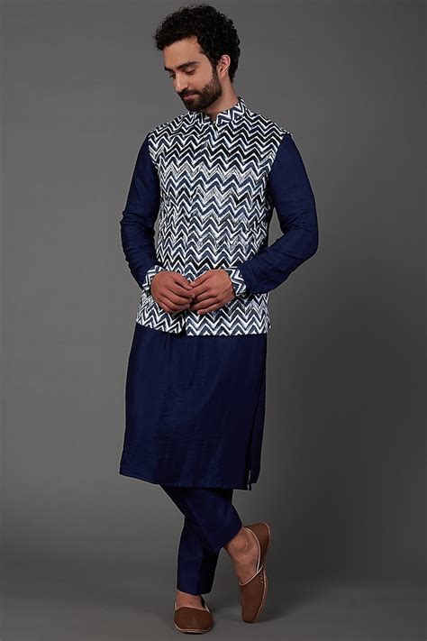 blue velvet bundi jacket with kurta set design by naman ahuja at pernia