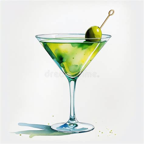Martini Cocktail In Tall Glass With Olive Garnish Against White