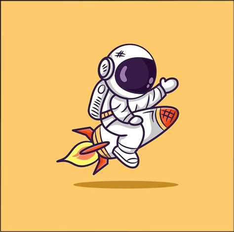 우주로 로켓을 타고 우주 비행사의 귀여운 그림 프리미엄 벡터