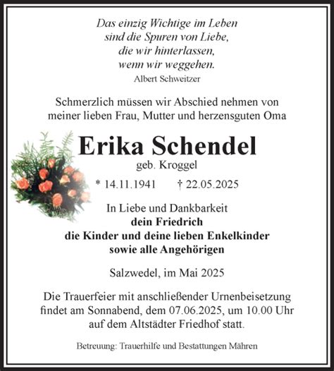 Traueranzeigen Von Erika Schendel Abschied Nehmen De
