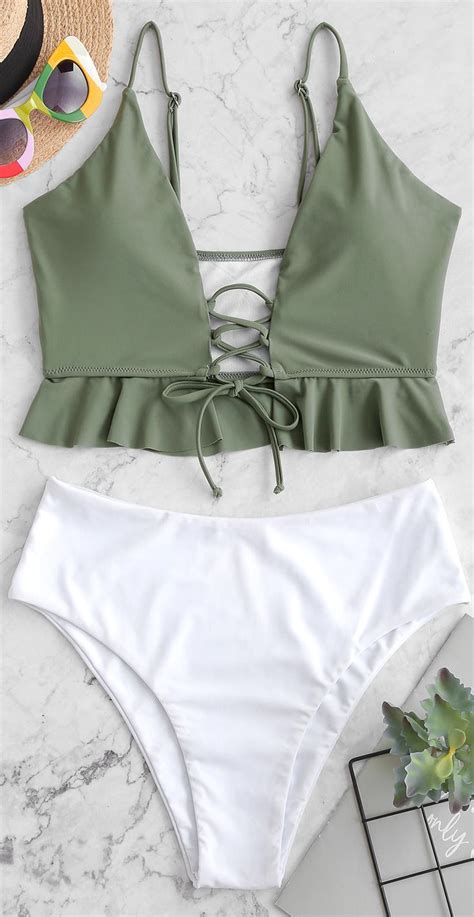 Color Block Tankini Swimwear With Lace Up Frilled Hem