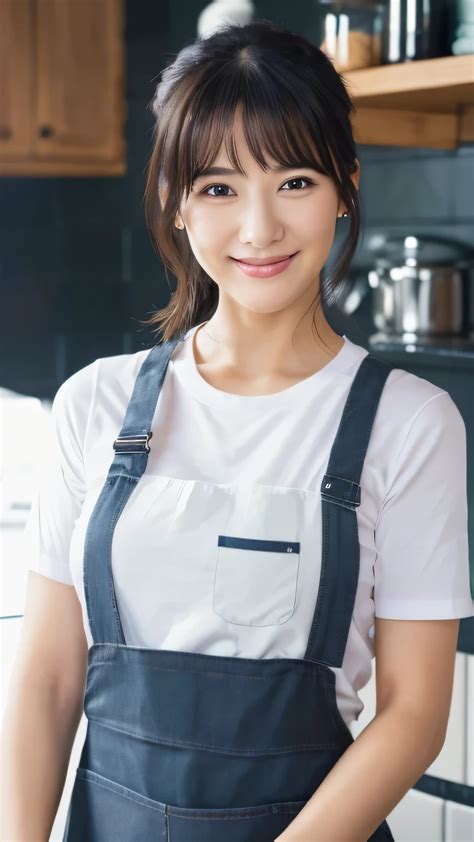 白いシャツと青いエプロンを着た女性がキッチンに立っている Seaart Ai