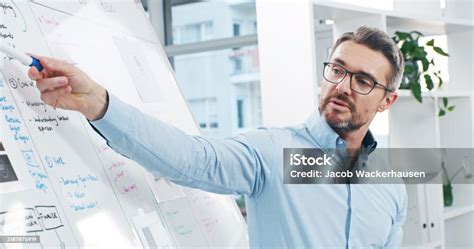 프리젠 테이션 회의 및 교육에서 프로젝트 분석을 위해 사무실에서 화이트 보드를 사용하는 사업가 계획 회의실 및 기업 워크숍에