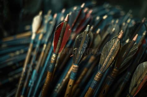 Closeup View Of Oldfashioned Wooden Archery Arrows With Various Feather