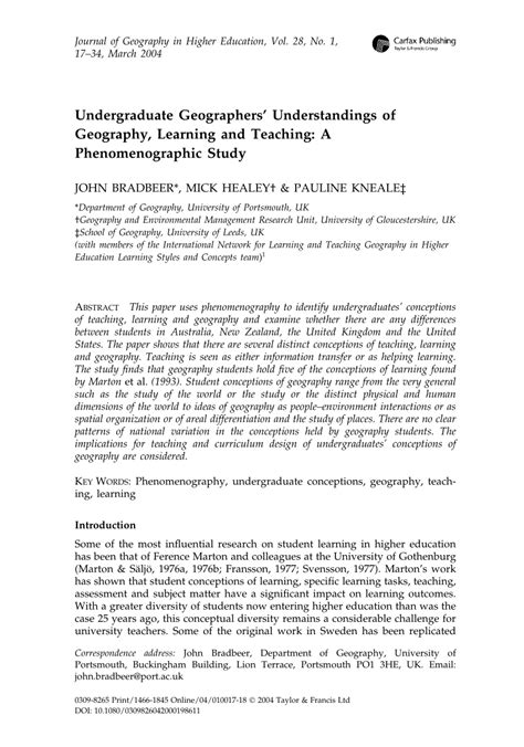 Pdf Undergraduate Geographers Understandings Of Geography Learning And Teaching A
