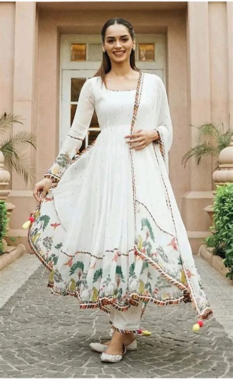 White Beautiful Anarkali Kurta Set Bollywood Fashion Indian Fashion