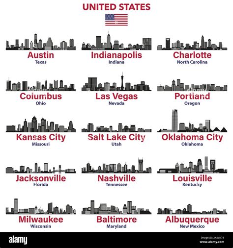 United States Cities Skylines Silhouettes Vector Illustrations Set