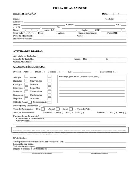 Ficha De Anamnese Para Massagem Pdf Hipertensão Doenças E Distúrbios