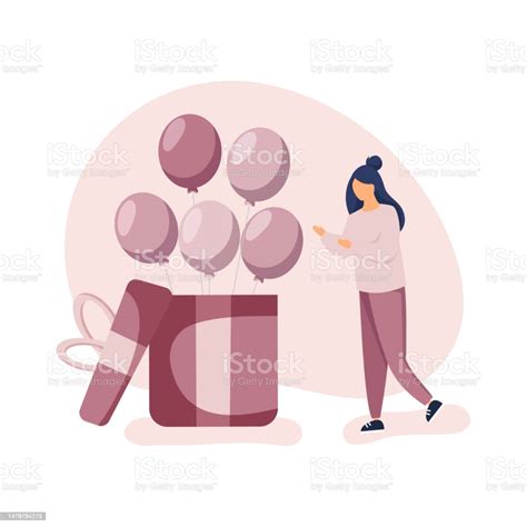 생일 파티 축하 생일 근처에 서 있는 여자 큰 선물 상자와 비행 풍선 가족에 대한 스톡 벡터 아트 및 기타 이미지 가족 공휴일 기 Istock