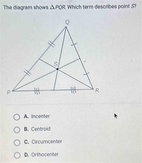 Solved The Diagram Shows Pqr Which Term Describes Point S A Incenter B Centroid C Circumce