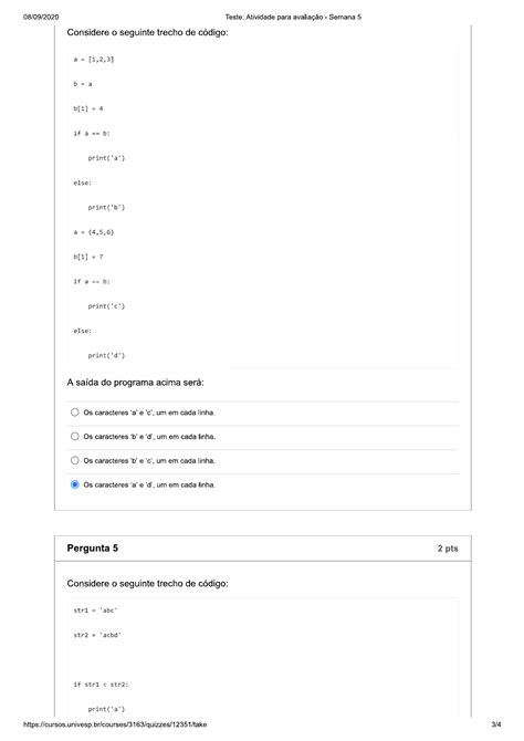 Algoritmos E ProgramaÇÃo De Computadores Testesatividade Para Avaliação Semana 5 N10