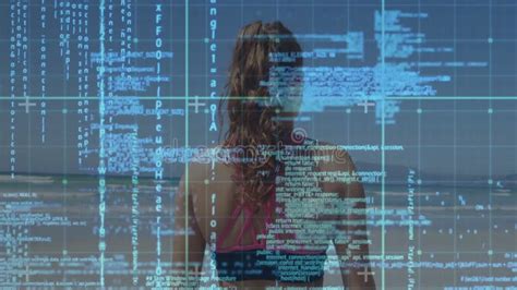 Woman On Beach With Digital Code And Data Overlay Animation Stock