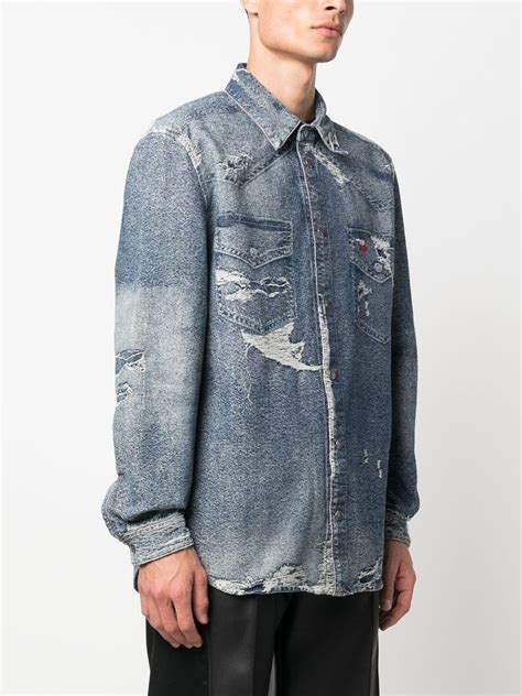 Diesel Distressed Long Sleeve Denim Shirt Blue Farfetch