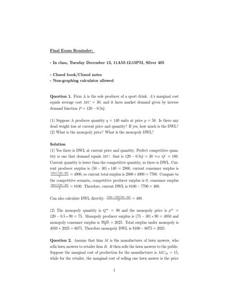 Final Exam Review Exercises Pdf Monopoly Profit Economics