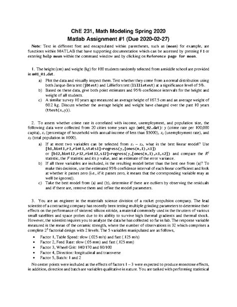 Matlab Practice Problem 1 Che 231 Math Modeling Spring 2020 Matlab Assignment 1 Due 2020 02