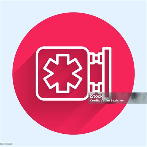 비상 사태의 흰색 라인 의료 기호 긴 그림자로 고립 된 생명의 별 아이콘 빨간색 원 버튼입니다 벡터 일러스트레이션 약사에 대한