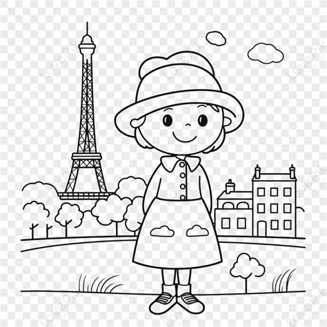 에펠탑 앞에 서있는 모자를 쓴 소녀 색칠하기 페이지 개요 스케치 드로잉 벡터행복하다두꺼운 선 Png 일러스트 무료 다운로드 Lovepik