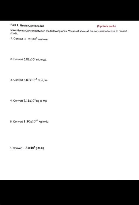 Solved Part Metric Conversions Points Each Direc