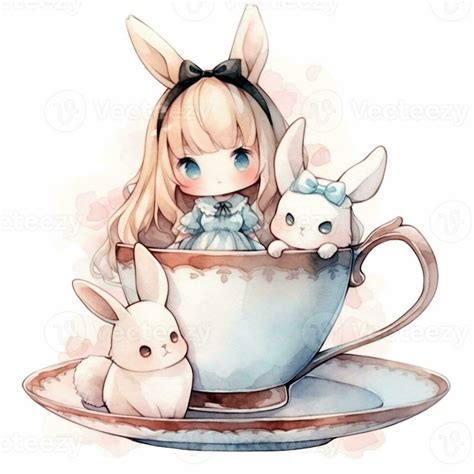 Anime Girl With Bunny Ears Sitting In A Teacup With Two Bunnies