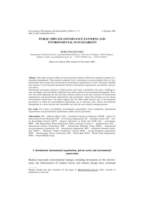 Pdf Public Private Governance Patterns And Environmental Sustainability