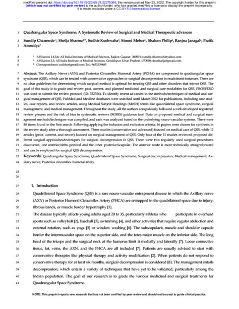 Pdf Quadrangular Space Syndrome A Systematic Review Of Surgical And