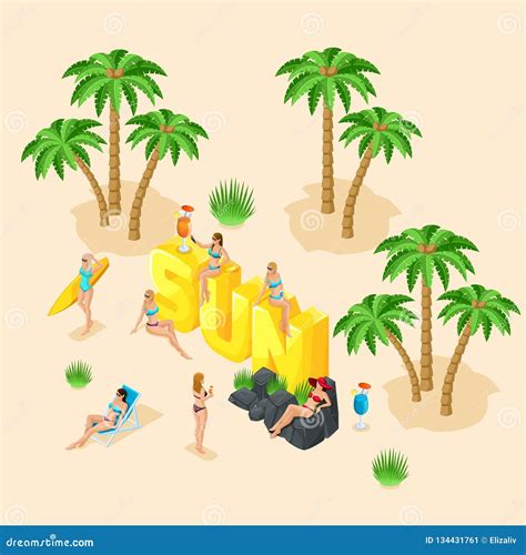 Isometric 3d Girl In A Bright Swimsuit In Beach Vector Stock Vector