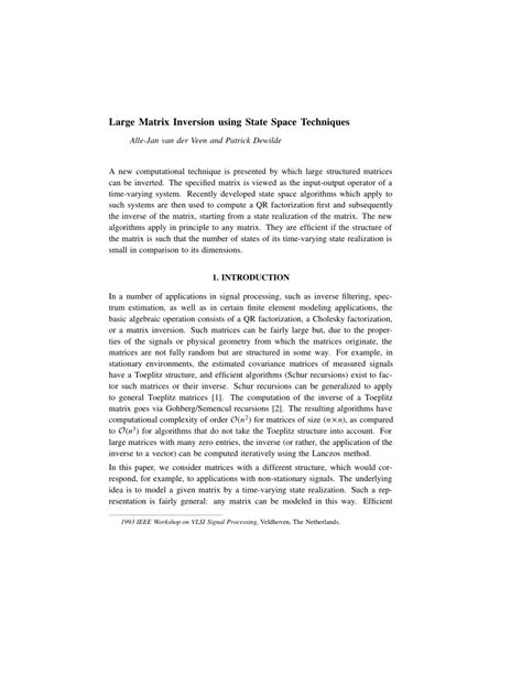 Pdf Large Matrix Inversion Using State Space Techniques