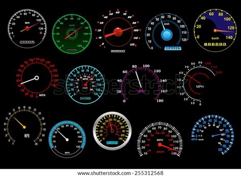 Various Glowing Speedometers Set On Black Stock Vector Royalty Free 255312568