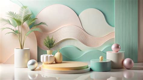 Pastel Colored Minimalist Product Display With Plants And Spheres Generative Ai Stock