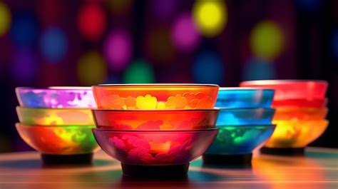 Brightly Colored Bowls Are Lined Up On A Table With Colorful Lights