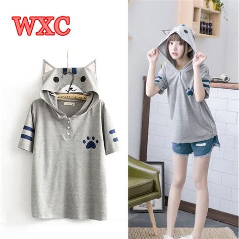Harajuku Anime Neko Atsume Hooded T Shirt Mori Girls Cute Cat With Ears